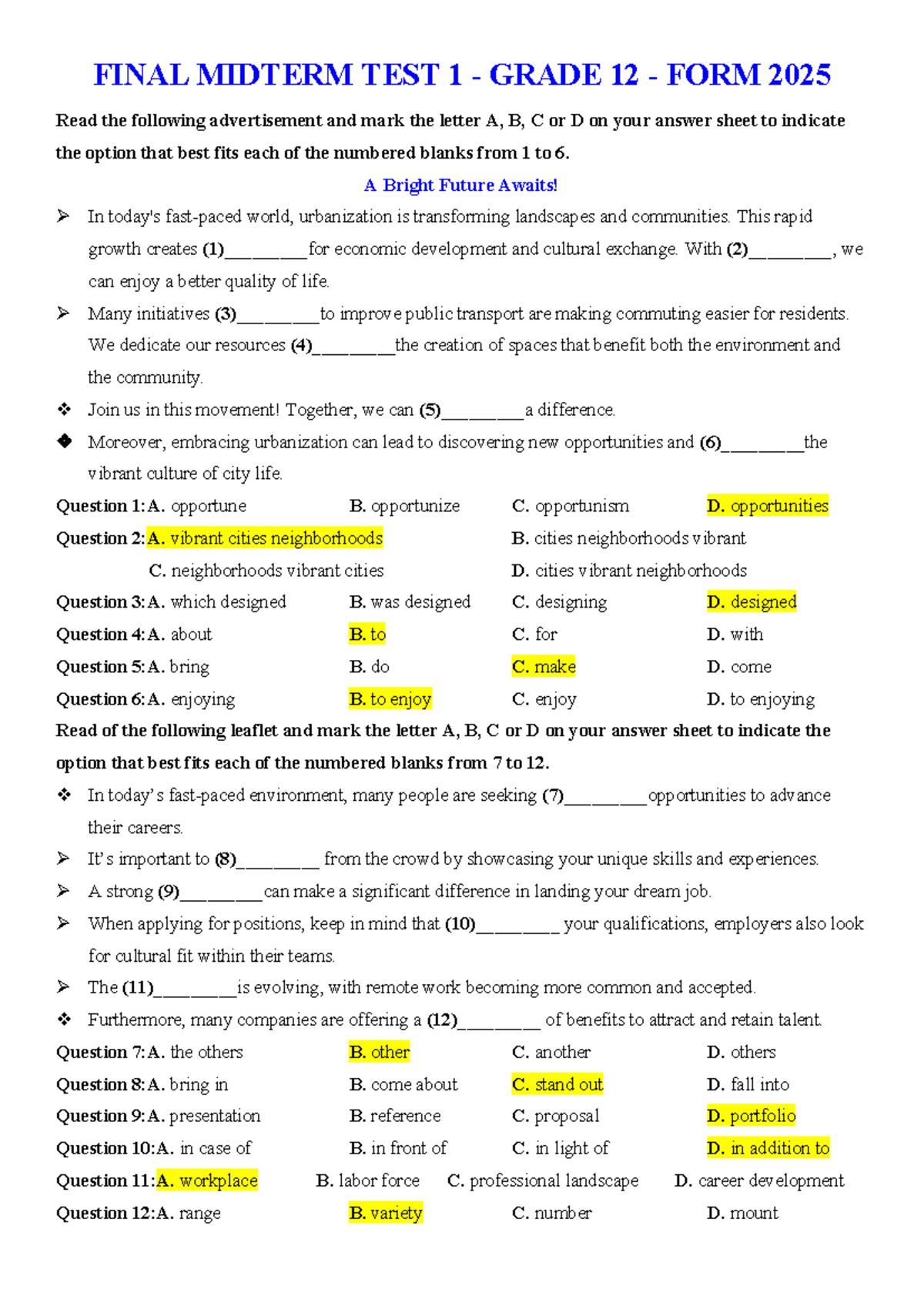 FINAL EXAM TEST 1 GRADE 12 - 2025: Comprehensive Review - Studocu
