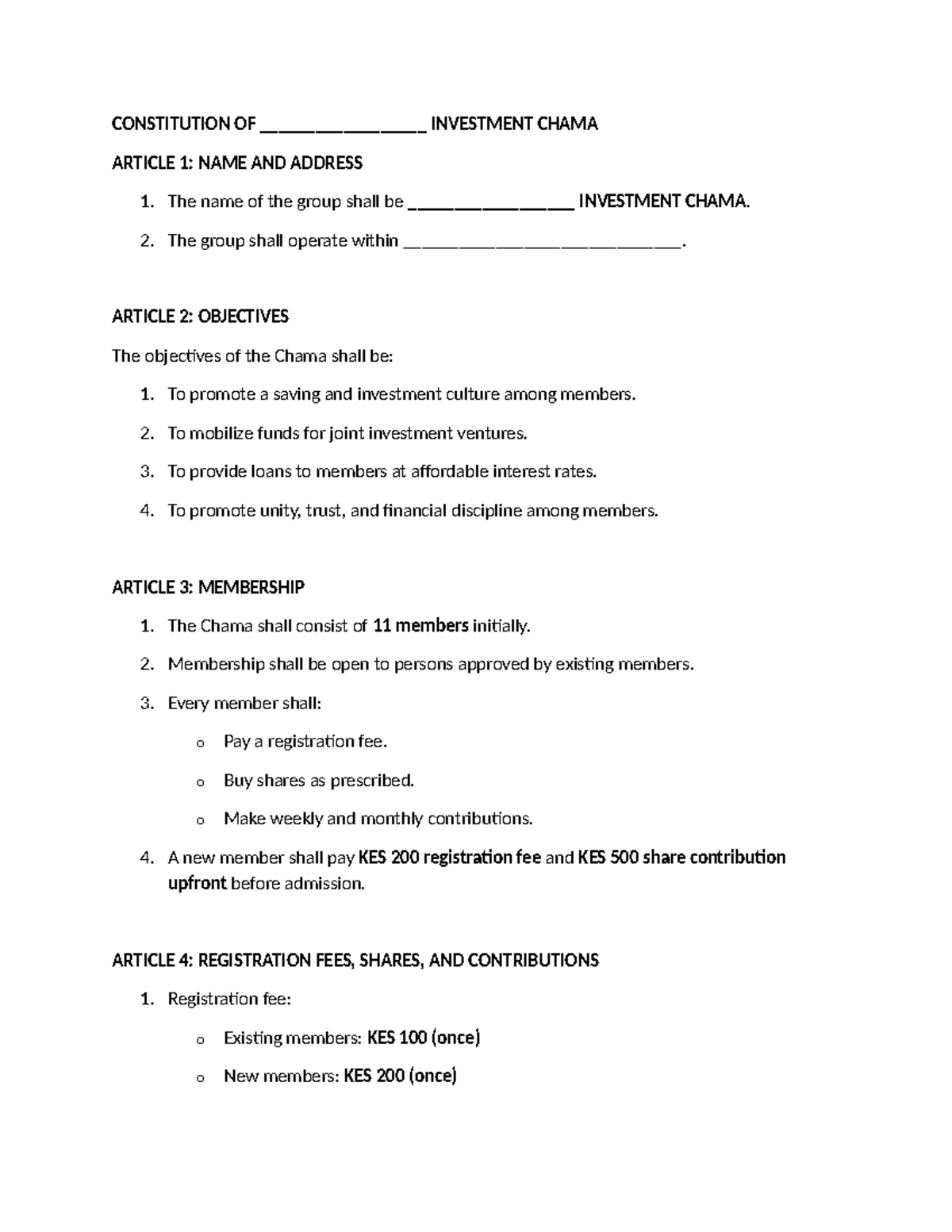 Constitution of Investment Chama: Structure & Guidelines - Studocu