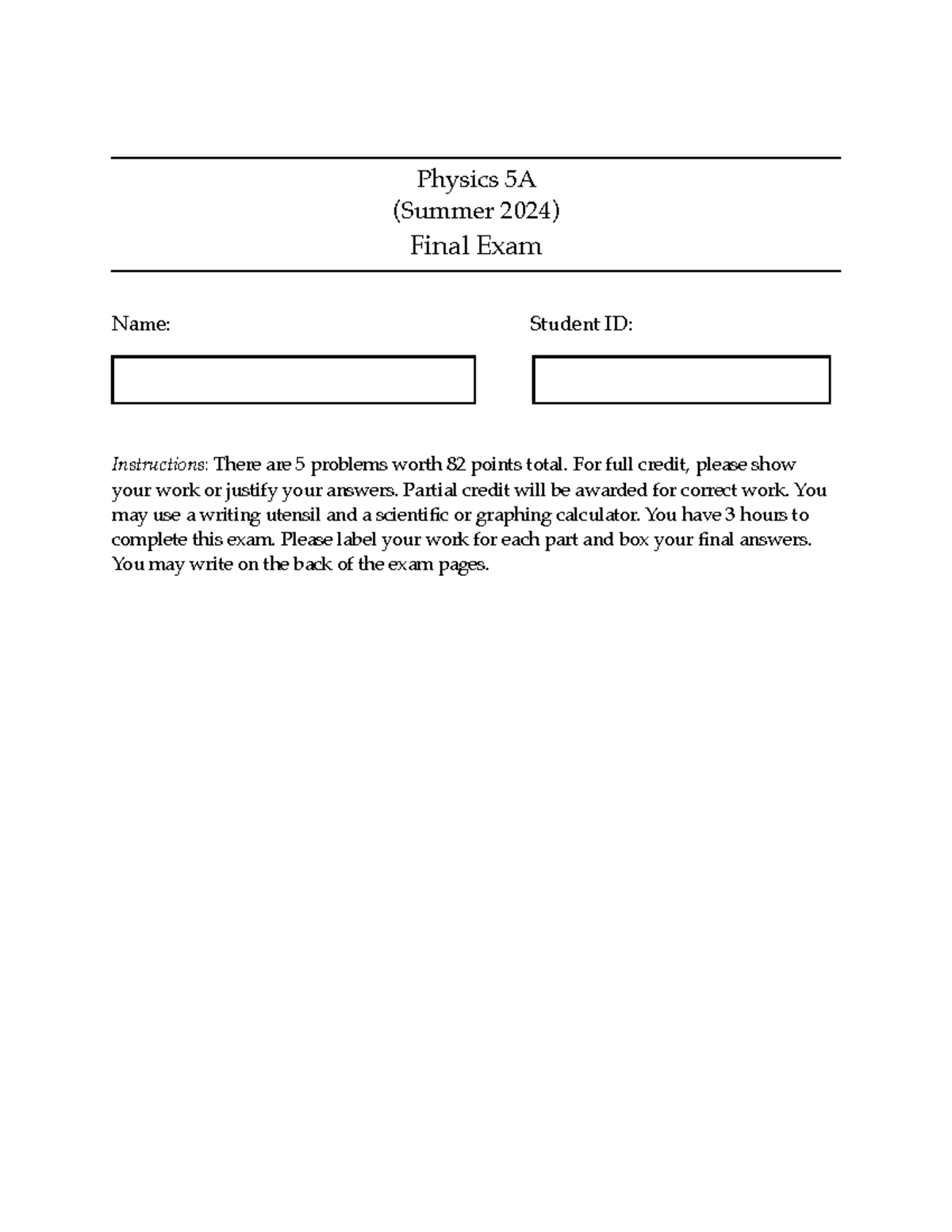 Physics 5A (Summer 2024) Final Exam Practice Test D - Studocu