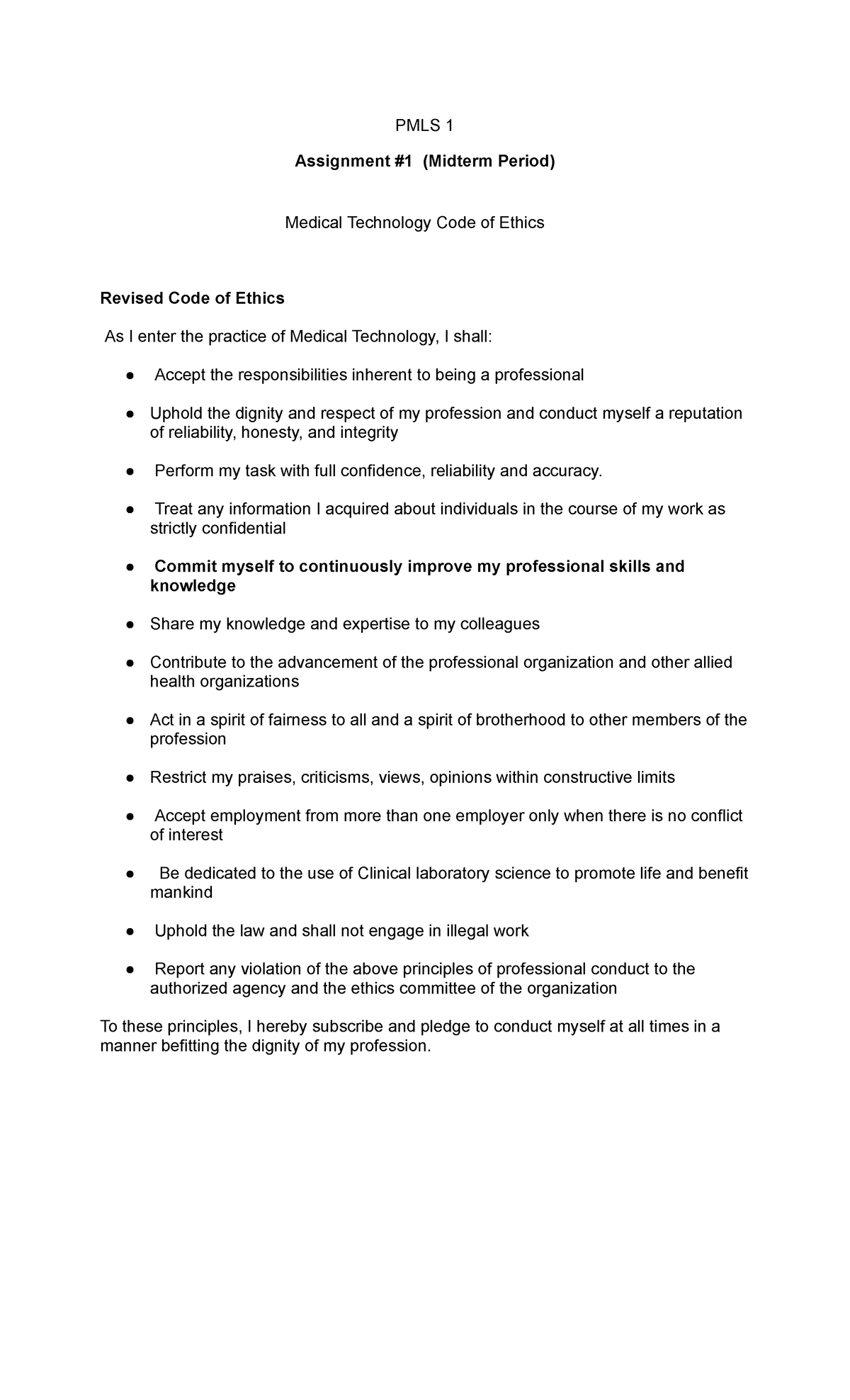 PMLS 1 Midterm Assignment: Revised Code of Ethics in Medical Tech - Studocu