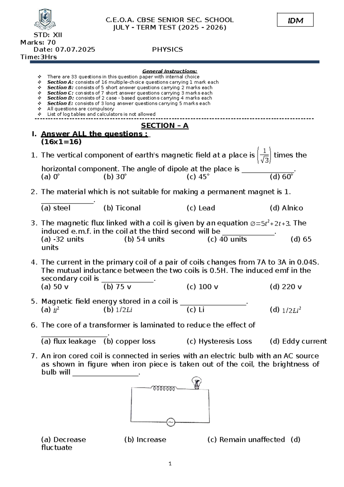 XII - CBSE Physics July Term Test (2025-2026) - IDM Exam Paper - Studocu