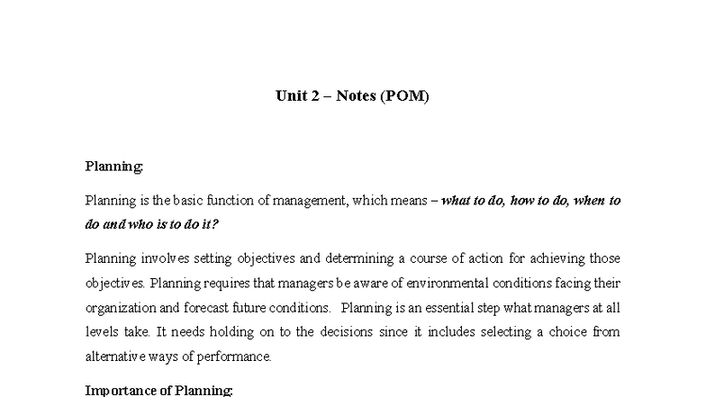 Unit 2 Notes (POM) - The Importance and Process of Planning - Studocu