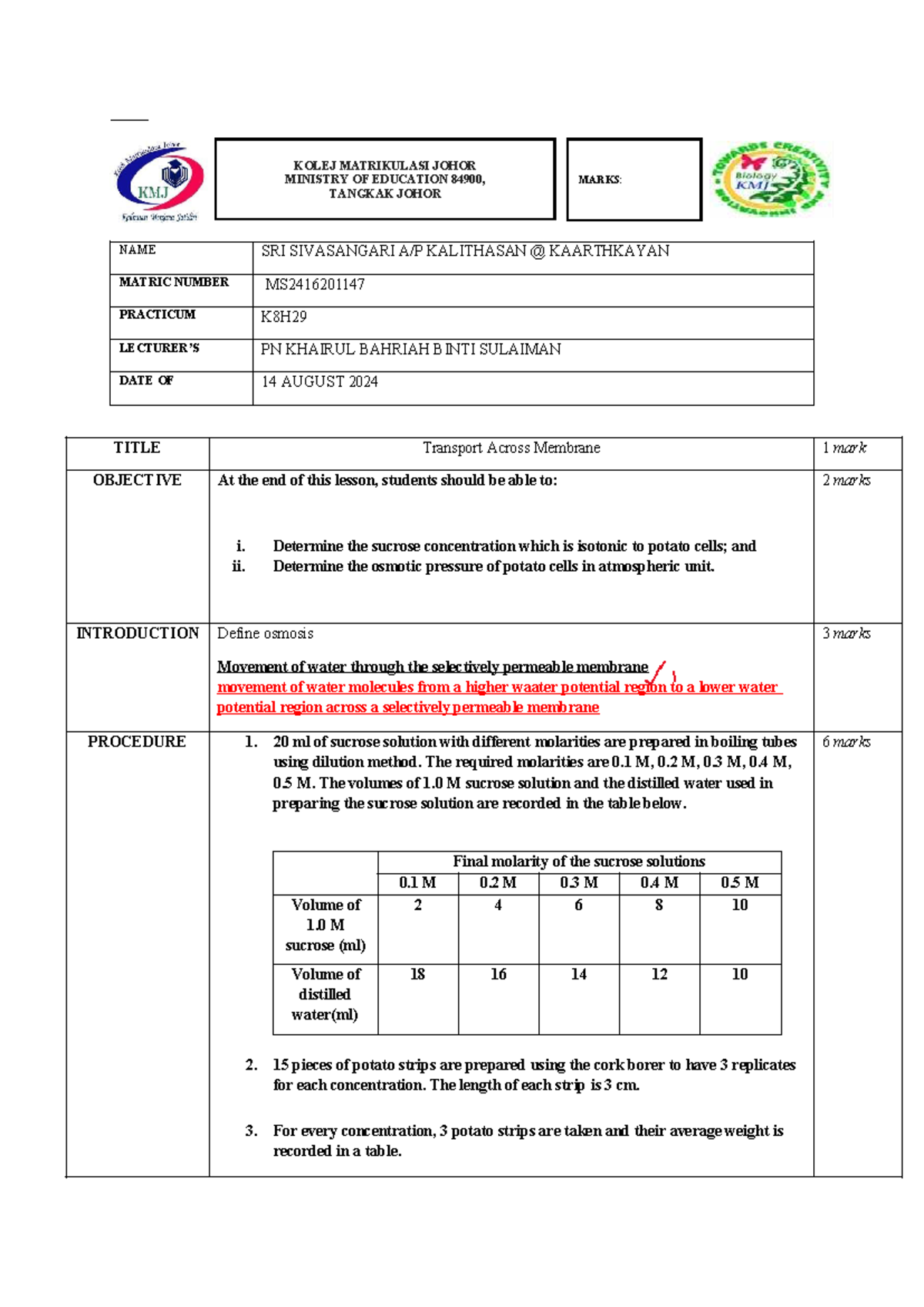 LAB Report EXP 3: Transport Across Membrane - Sri Sivasangari K8H29 - Studocu