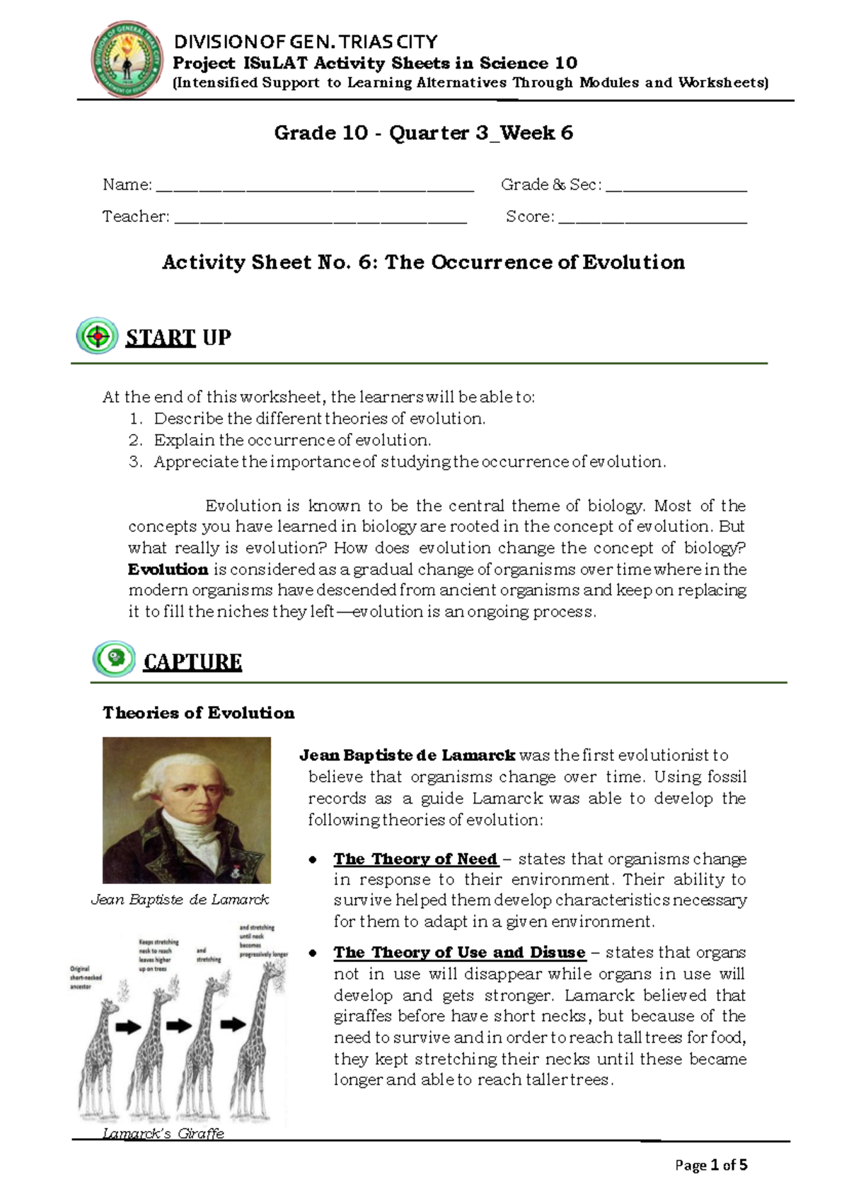 Science-10-Q3-MELC-18-Activity Sheet No. 6: Theories of Evolution - Studocu