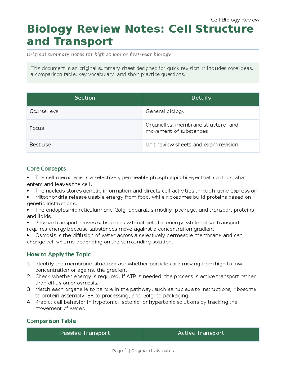 Biology 02: Cell Structure & Transport Review Notes - Studocu