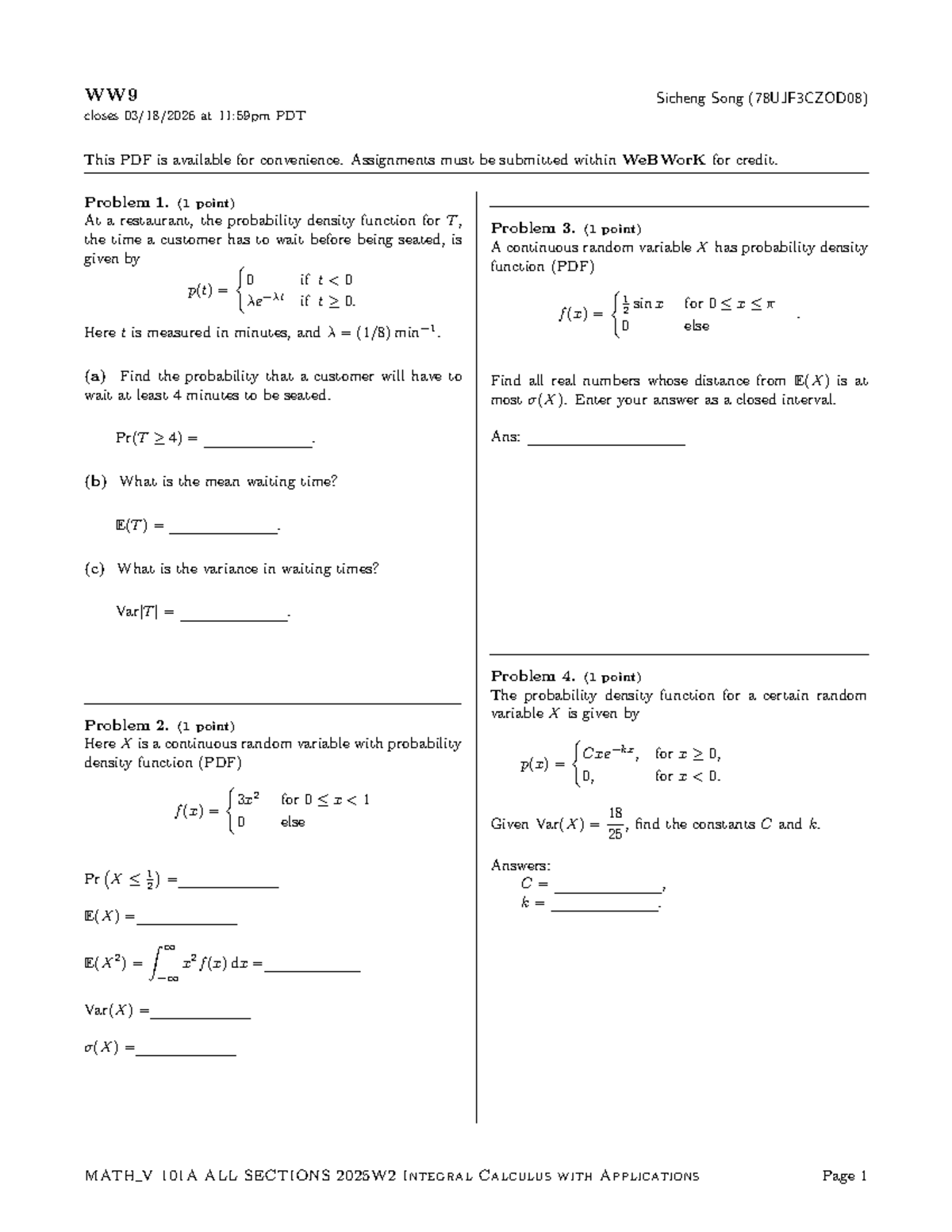 2025W2 MATH V 101A Integral Calculus Assignment Solutions - Studocu