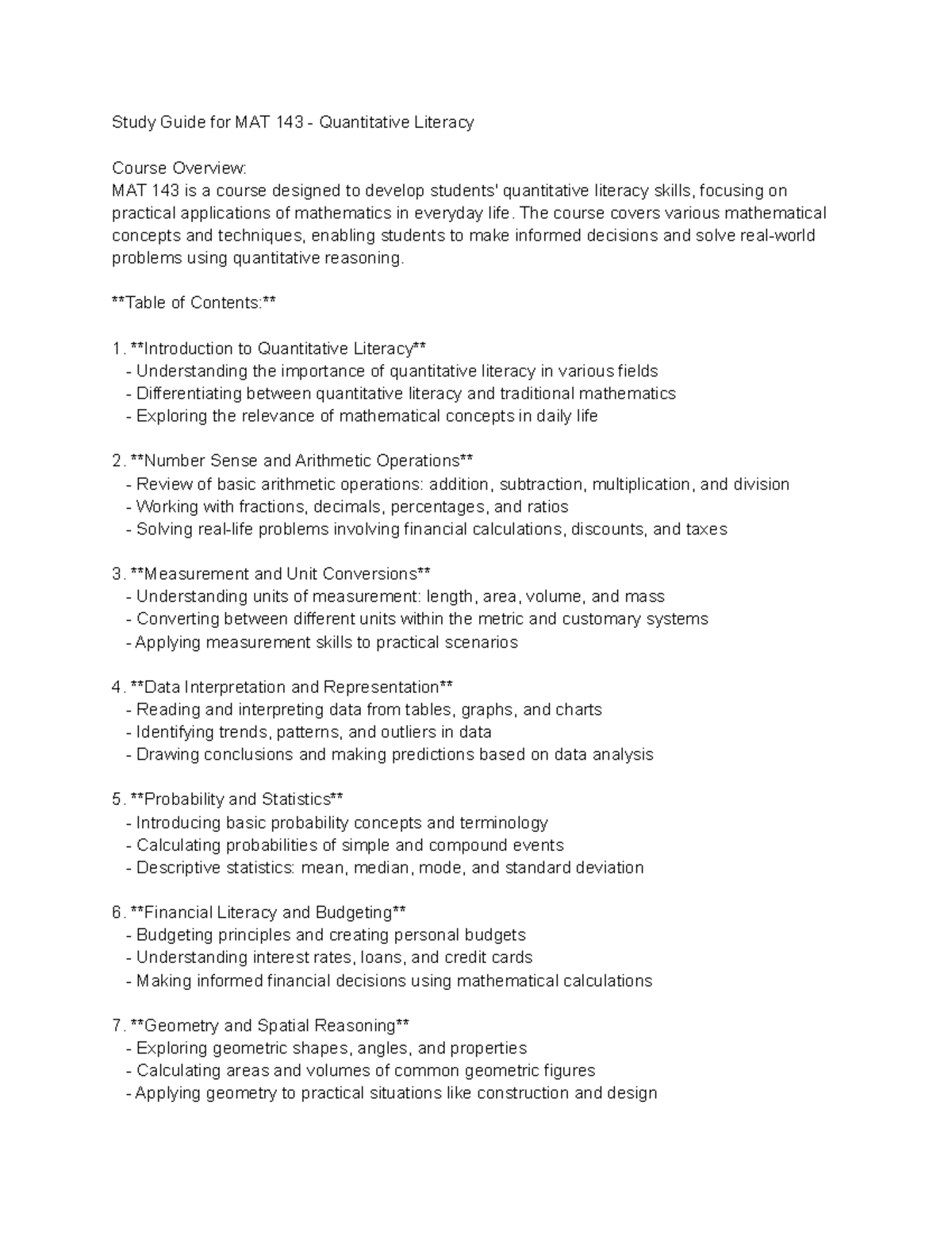 Study Guide for MAT 143 - Practical Applications of Quantitative ...