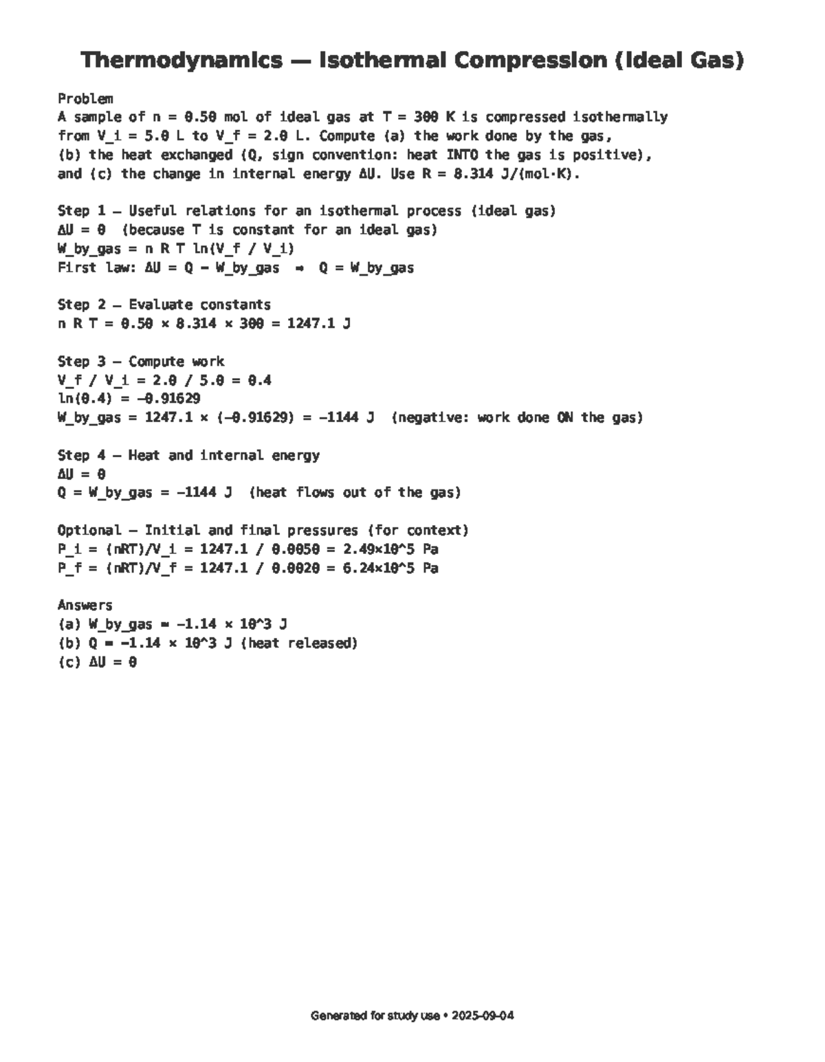 Thermodynamics PHYS 101 Isothermal Compression Problem Solution - Studocu