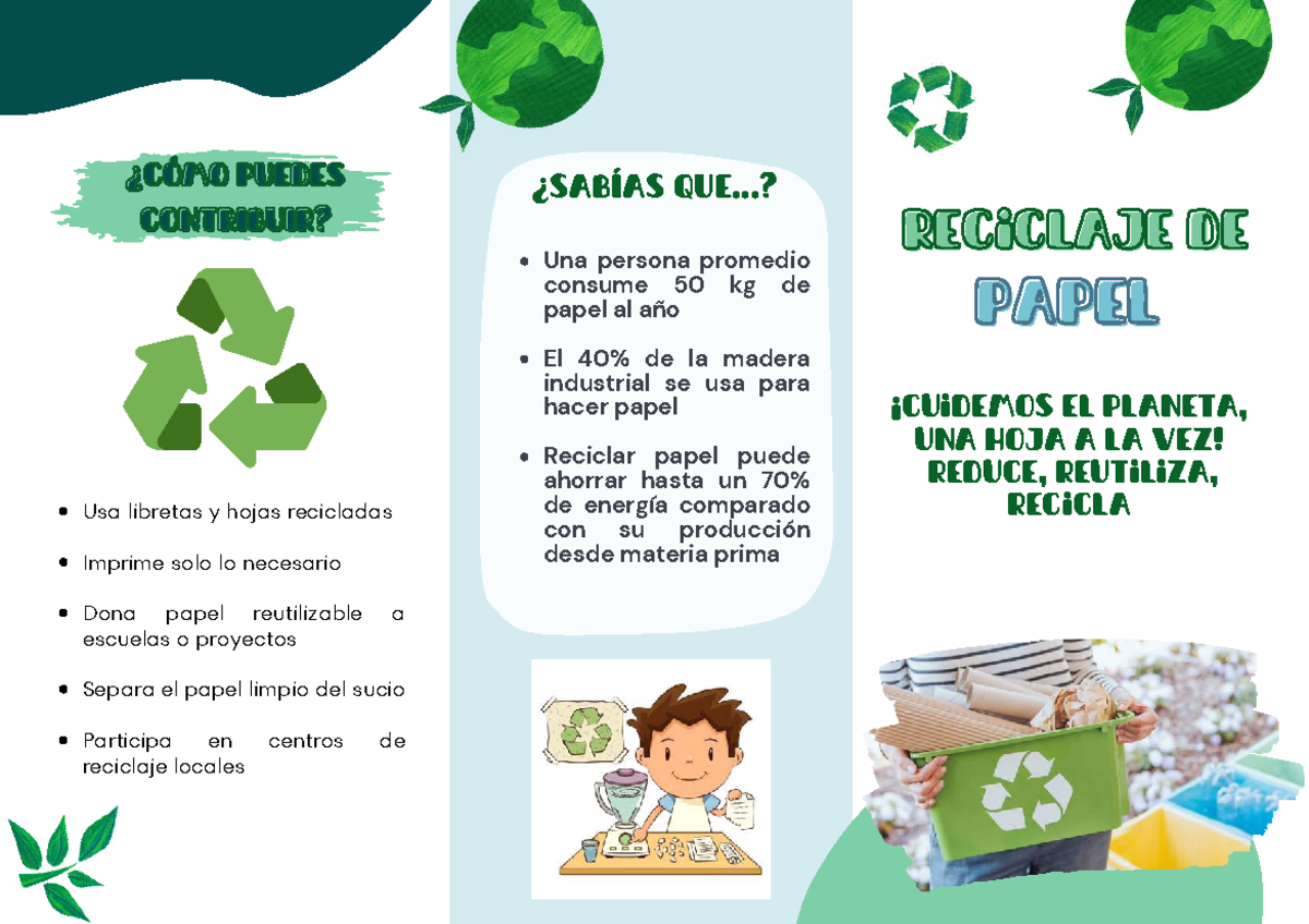 Tríptico sobre Reciclaje de Papel: Contribuye al Planeta - Studocu