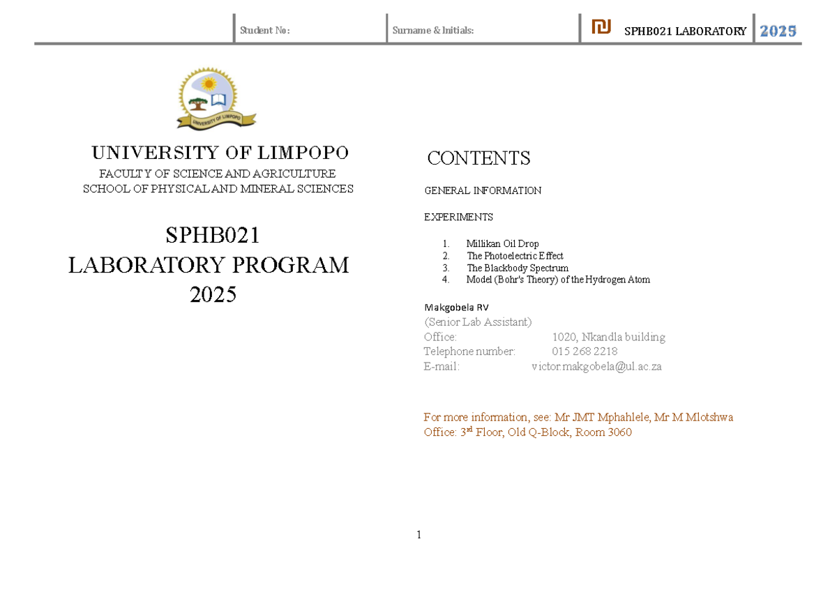 SPHB021 laboratory manual 2025: Experiments and guidelines - Studocu