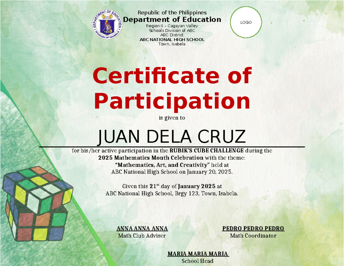 Certificate of Participation in Rubiks - Republic of the Philippines ...