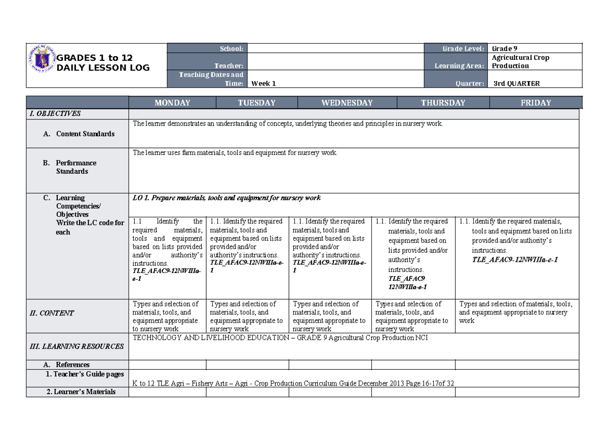 DLL- Agricrop 9 - Q3 - Lesson Plan for Agricultural Crop Production ...