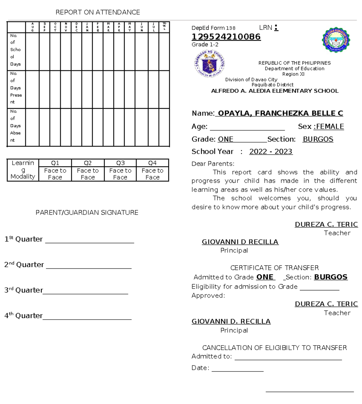 Form-138 - Grade 1 Report Card Template for Academic Year 2022-2023 ...