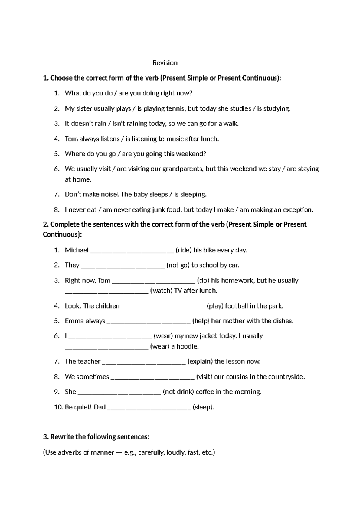 Revision Unit 1-2: Present Simple vs. Present Continuous Exercises ...