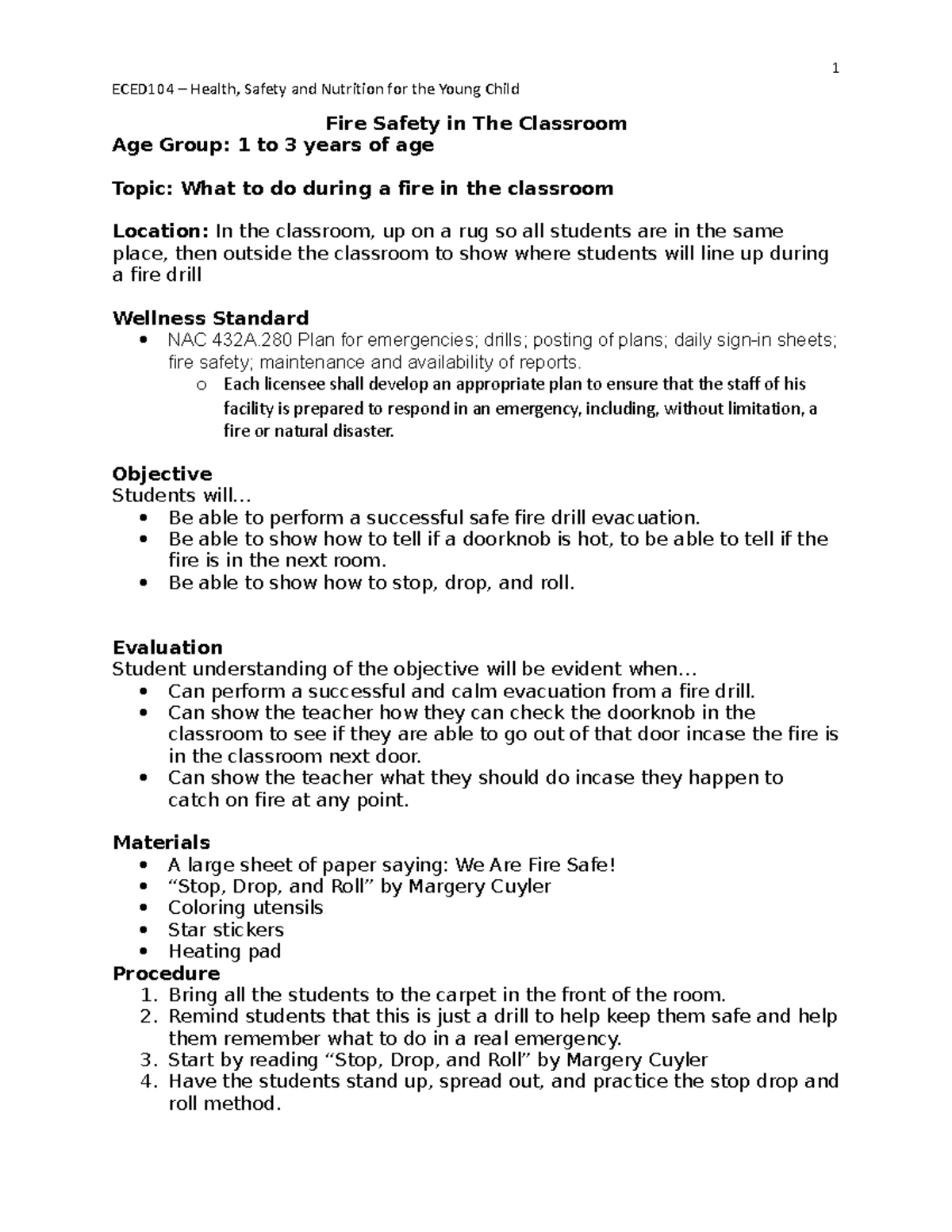 ECED104 Fire Safety Lesson Plan for Young Children (Ages 1-3) - Studocu