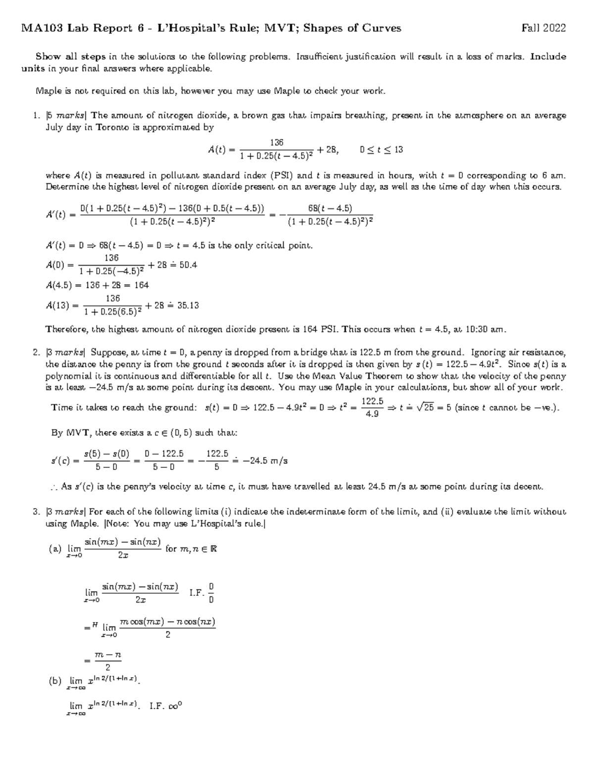 MA103 Lab Report 6: Analyzing Shapes of Curves - Fall 2022 - Studocu