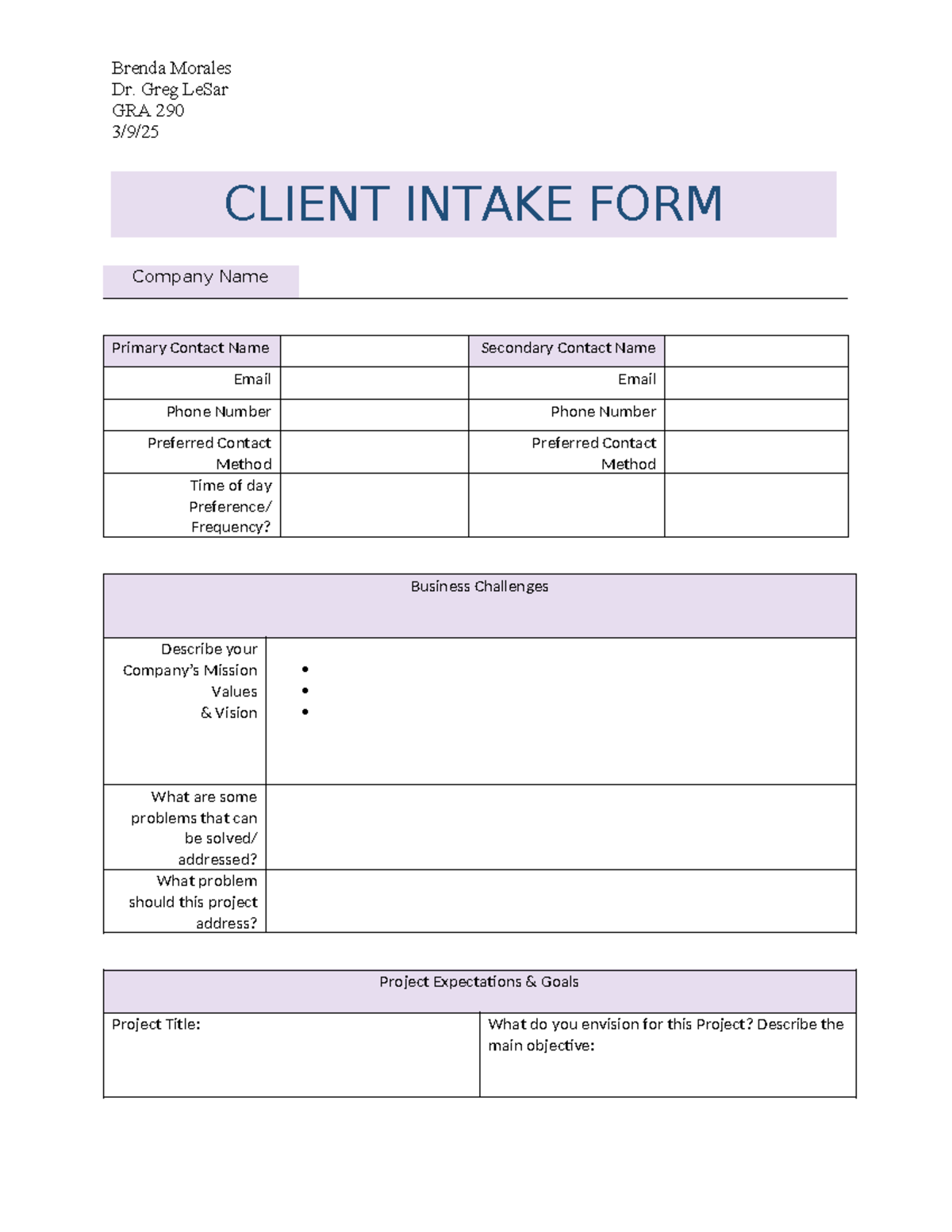 GRA 290 Client Intake Information Form for Project Planning - Studocu
