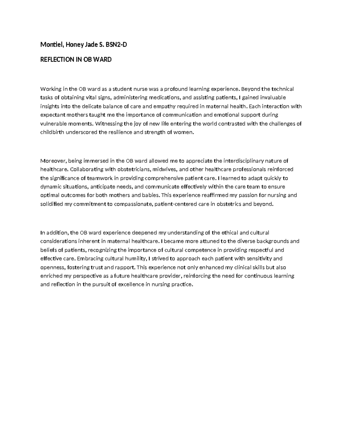 Reflection on Maternal Care: Insights from OB Ward Experience - BSN2-D ...