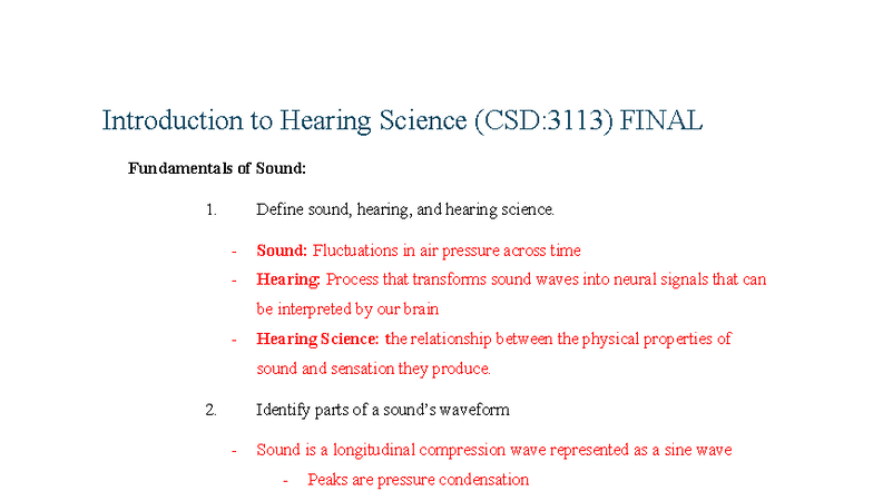 Fundamentals of Sound and Hearing Science (CSD:3113) Final Exam Notes ...