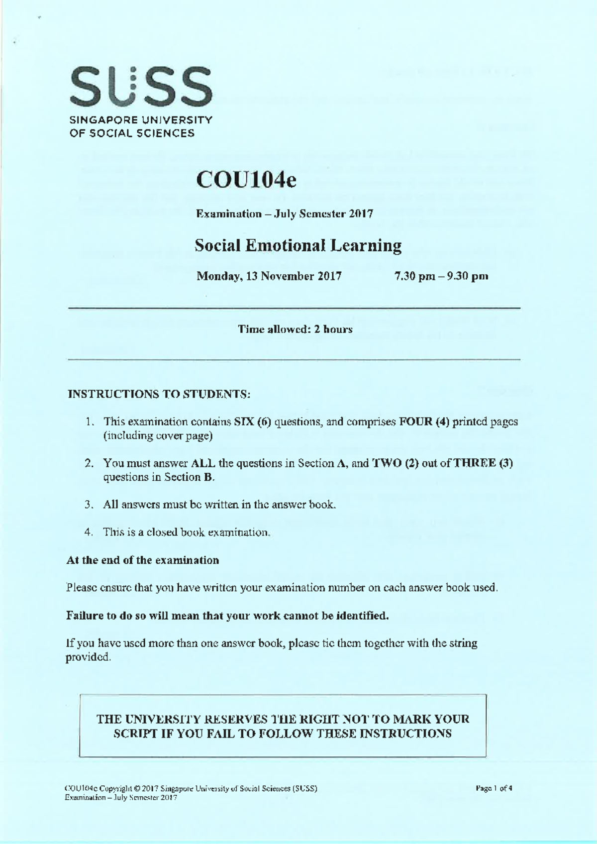 Exam July 2017, questions - SUSS SINGAPORE UNIVERSITY OF SOCIAL ...