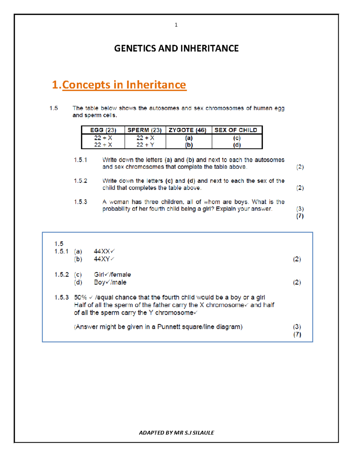 Genetics Activities Solutions - GENETICS AND INHERITANCE 1. Concepts in ...