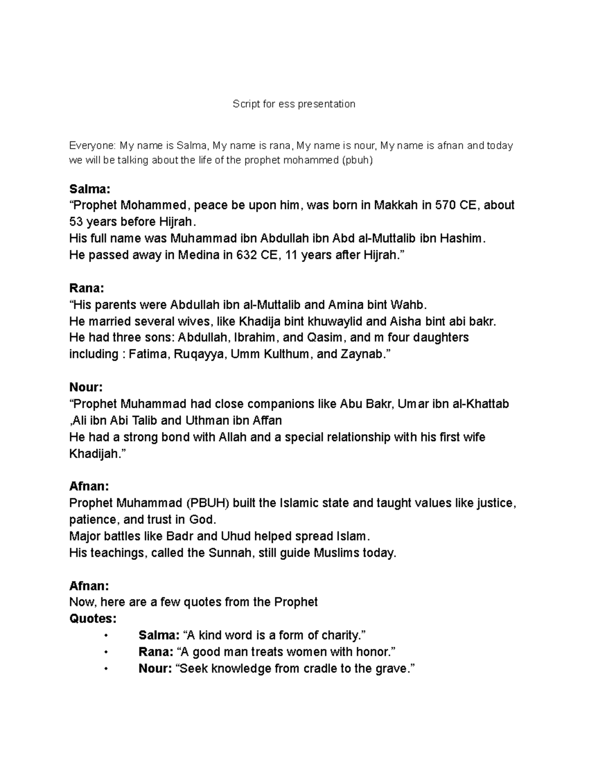 Script for ESS Presentation on the Life of Prophet Muhammad (PBUH ...