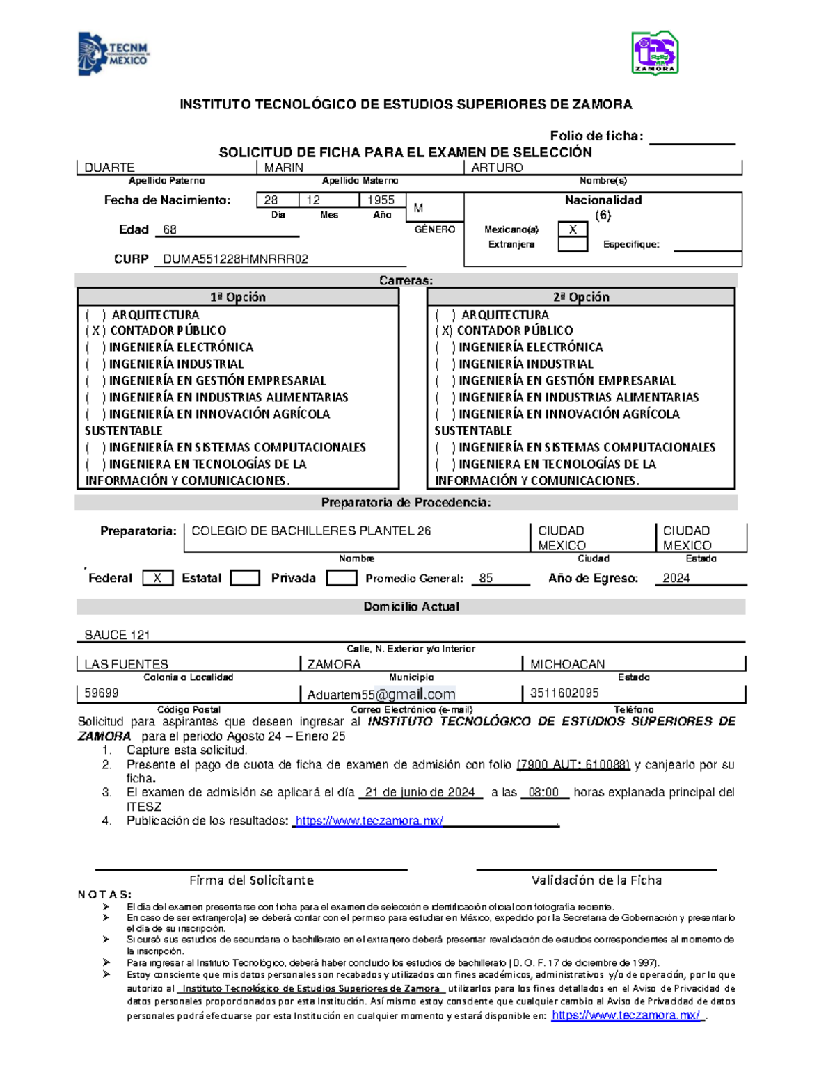 Solicitud de Examen de Selección ITESZ 2024 para Aspirantes - Studocu