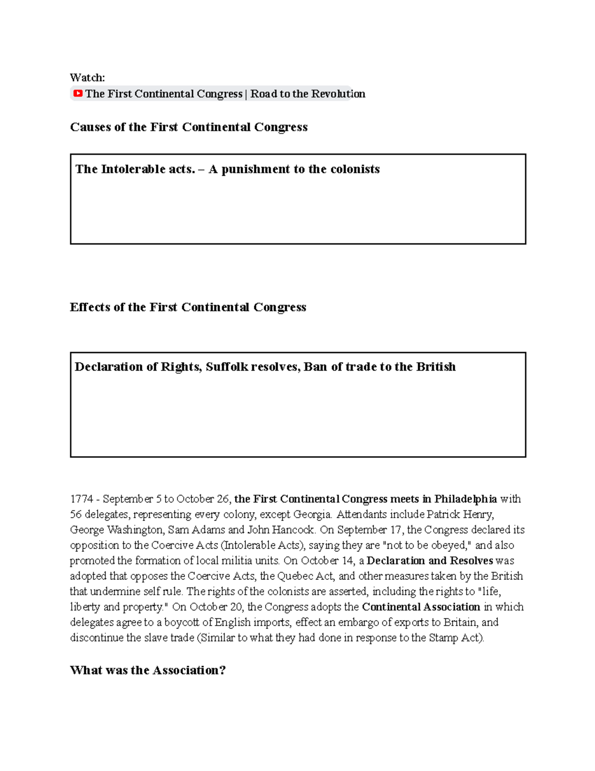 First and Second Continental Congress: Key Events & Impact - Studocu