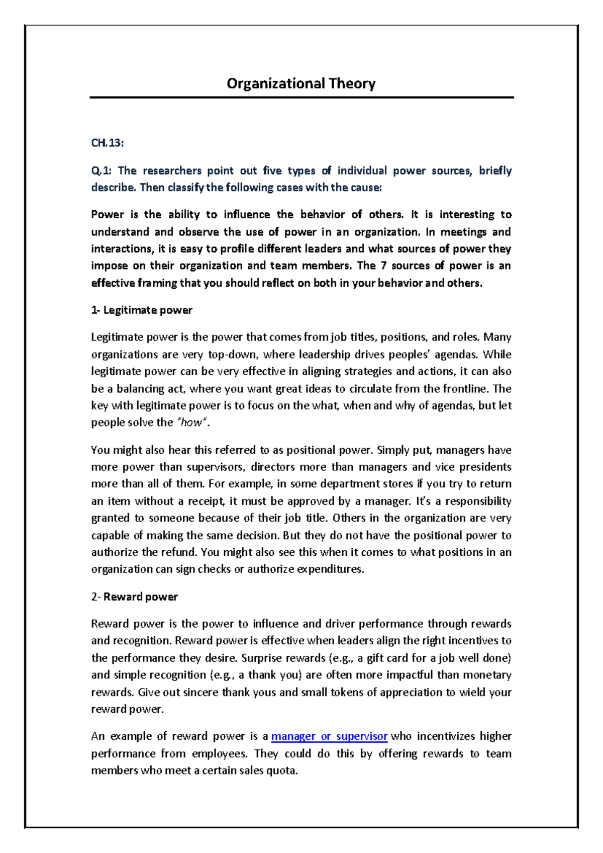 Organizational Theory CH. 13: Power Sources and Virtual Structures ...