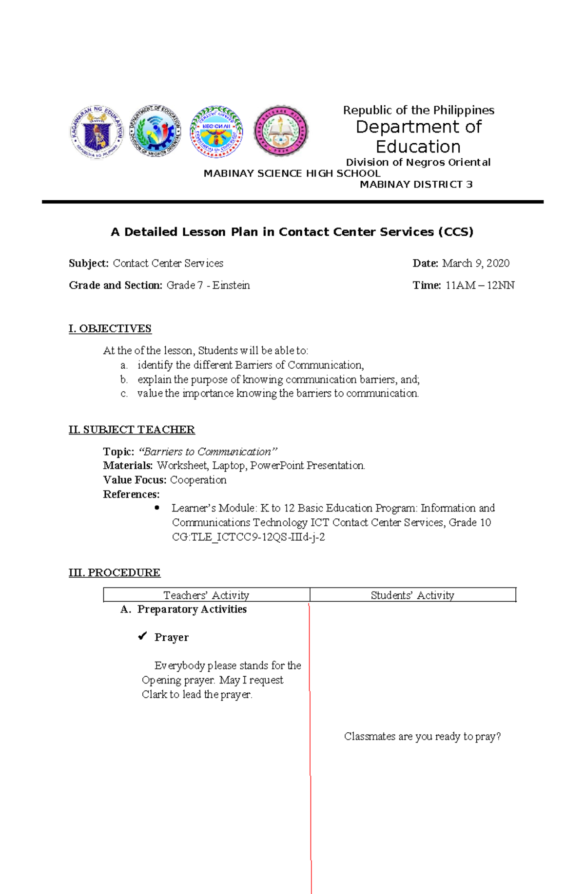 Sample ccs dlp for project purposes only - Republic of the Philippines ...