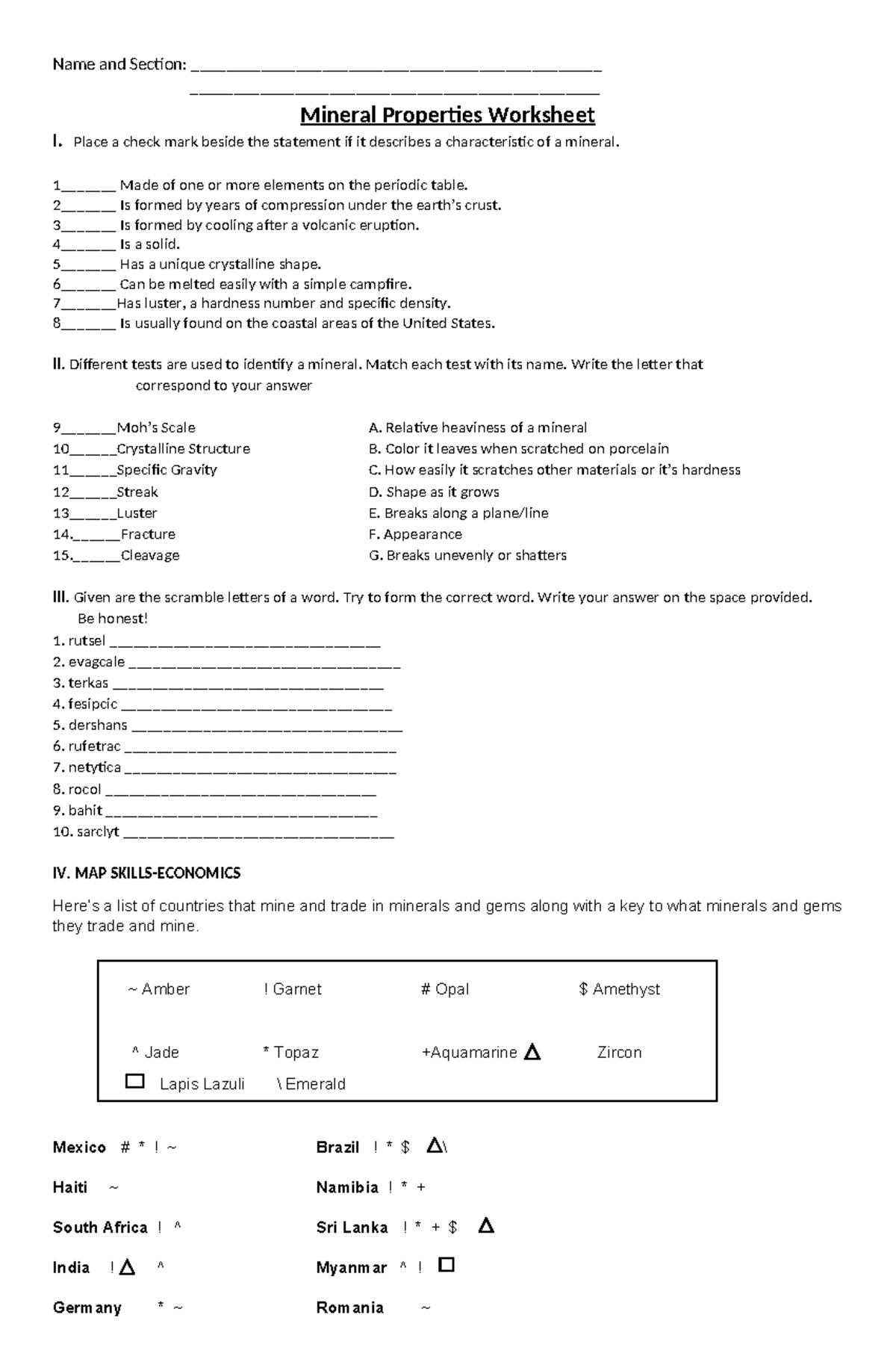 Mineral Properties Worksheet for Earth Science (ESS 101) - Studocu