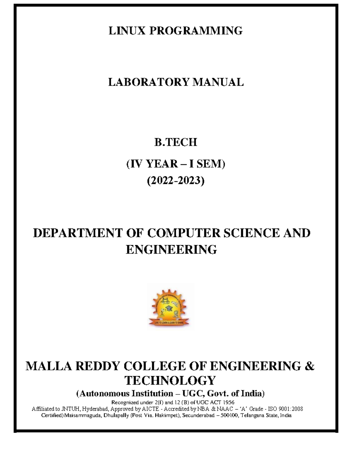 B.Tech Linux Programming Lab Manual (IV Year - I Sem) 2022-2023 - Studocu