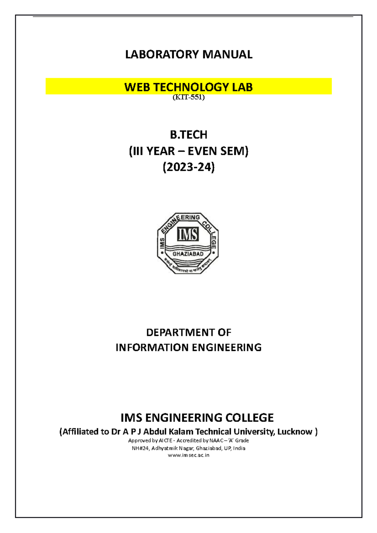 LAB Manual KIT551 - LABORATORY MANUAL WEB TECHNOLOGY LAB (KIT-551) B ...