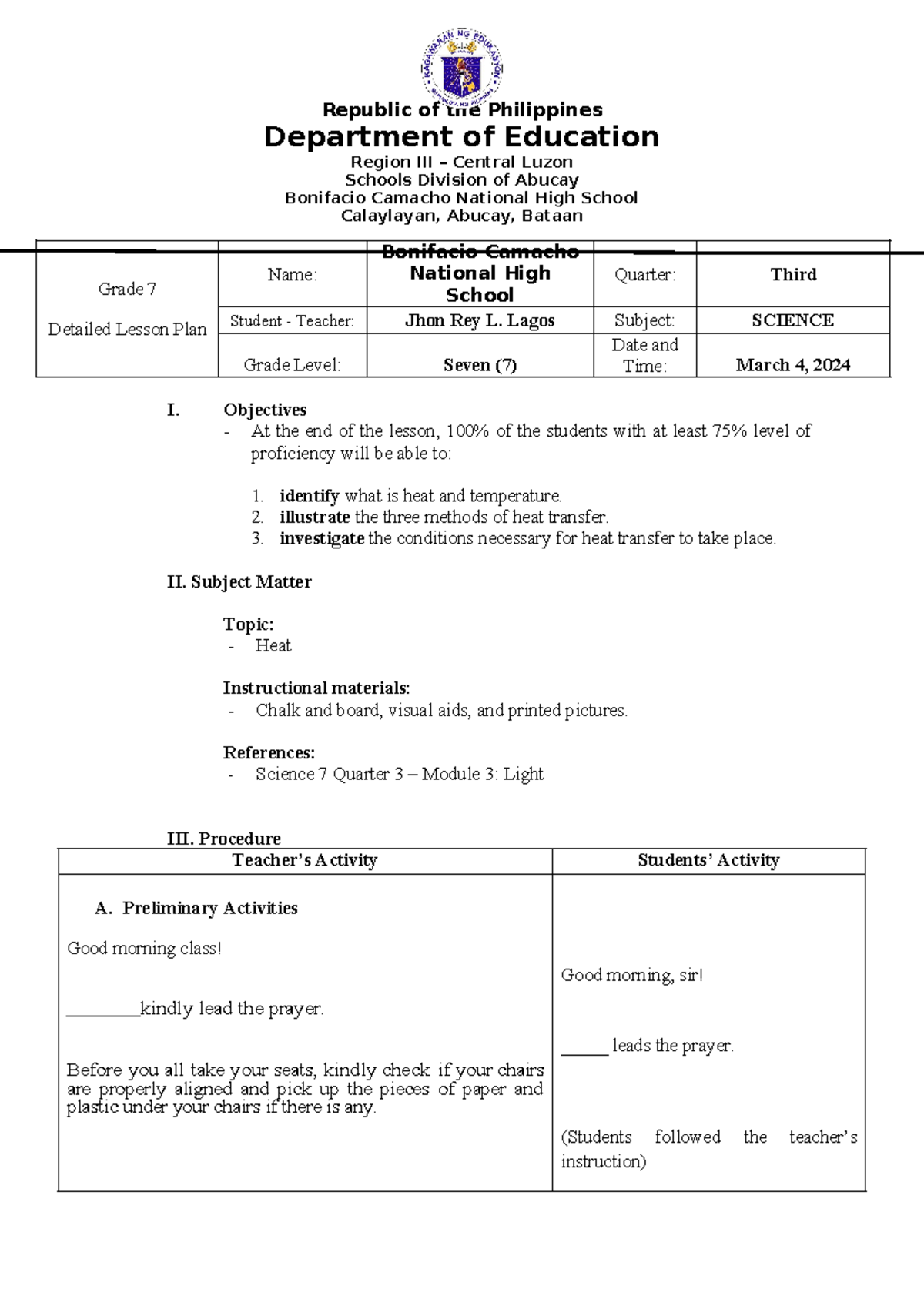 Lagos JHON REY DLP Science 7 HEAT Transfer - Grade 7 Detailed Lesson ...
