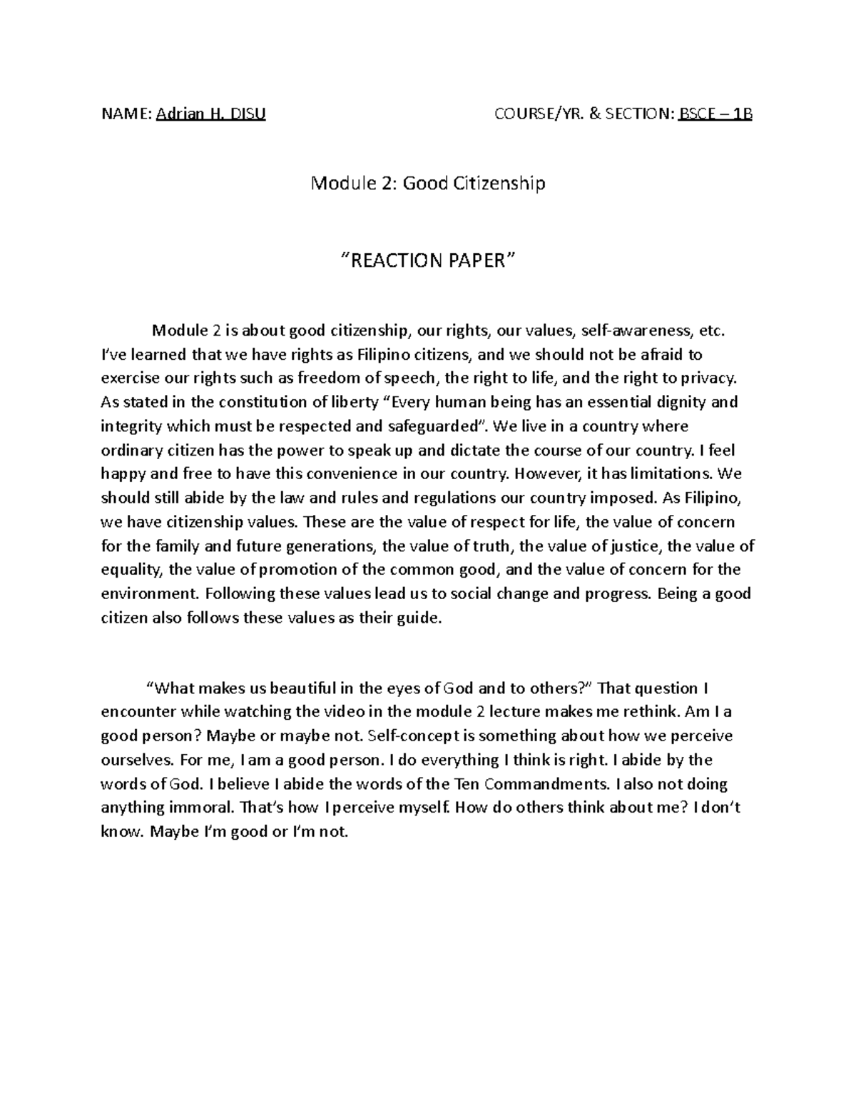 BSCE 1B Module 2: Reflection on Good Citizenship Values - Studocu