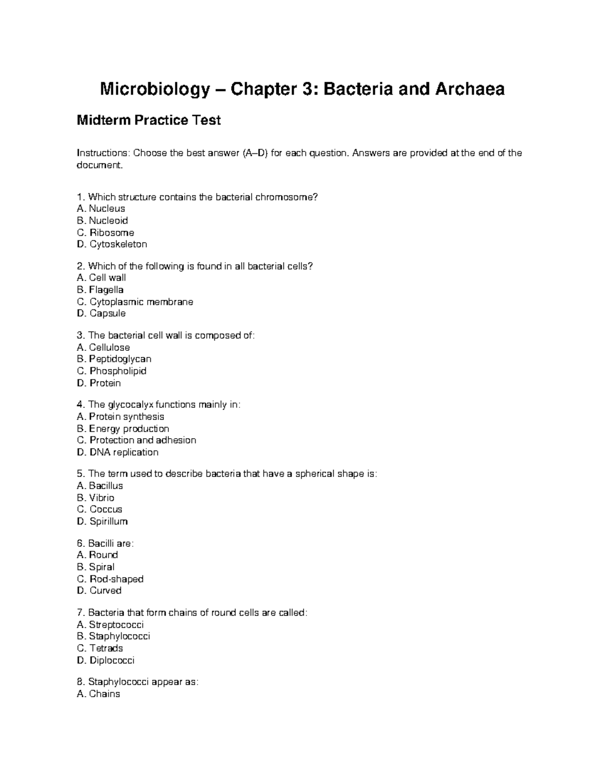 Microbiology Chapter 3: Bacteria and Archaea Midterm Practice Test ...
