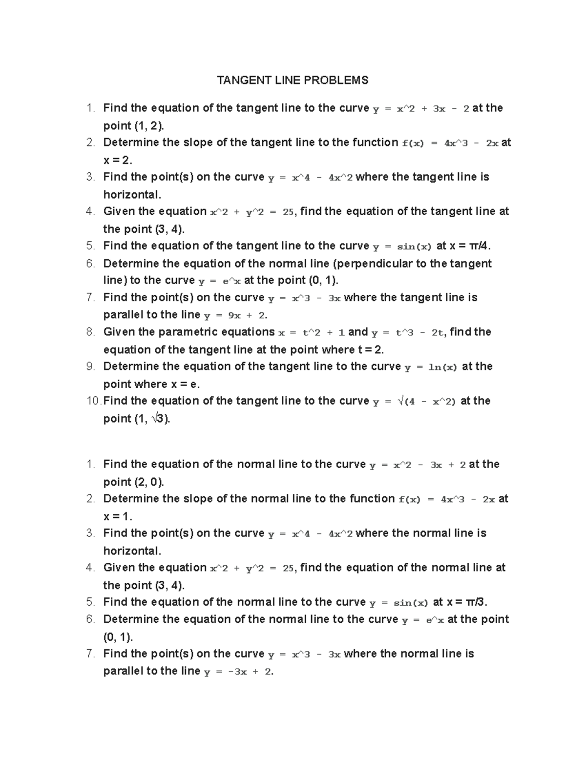 Differentiation Practice Problems: Tangent and Normal Lines - Studocu