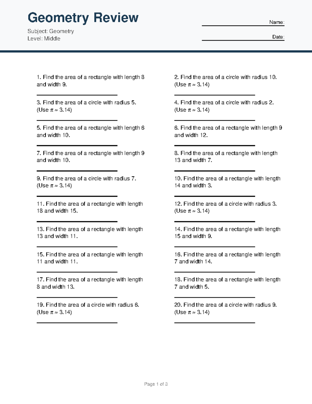 Geometry Review (Level: Middle) - Area Calculations and Answers - Studocu