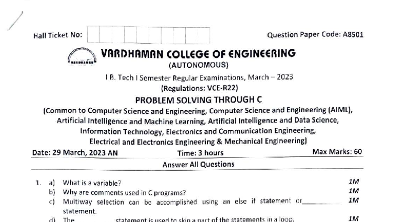 A8501 C Programming Final Exam Question Paper - March 2023 - Studocu