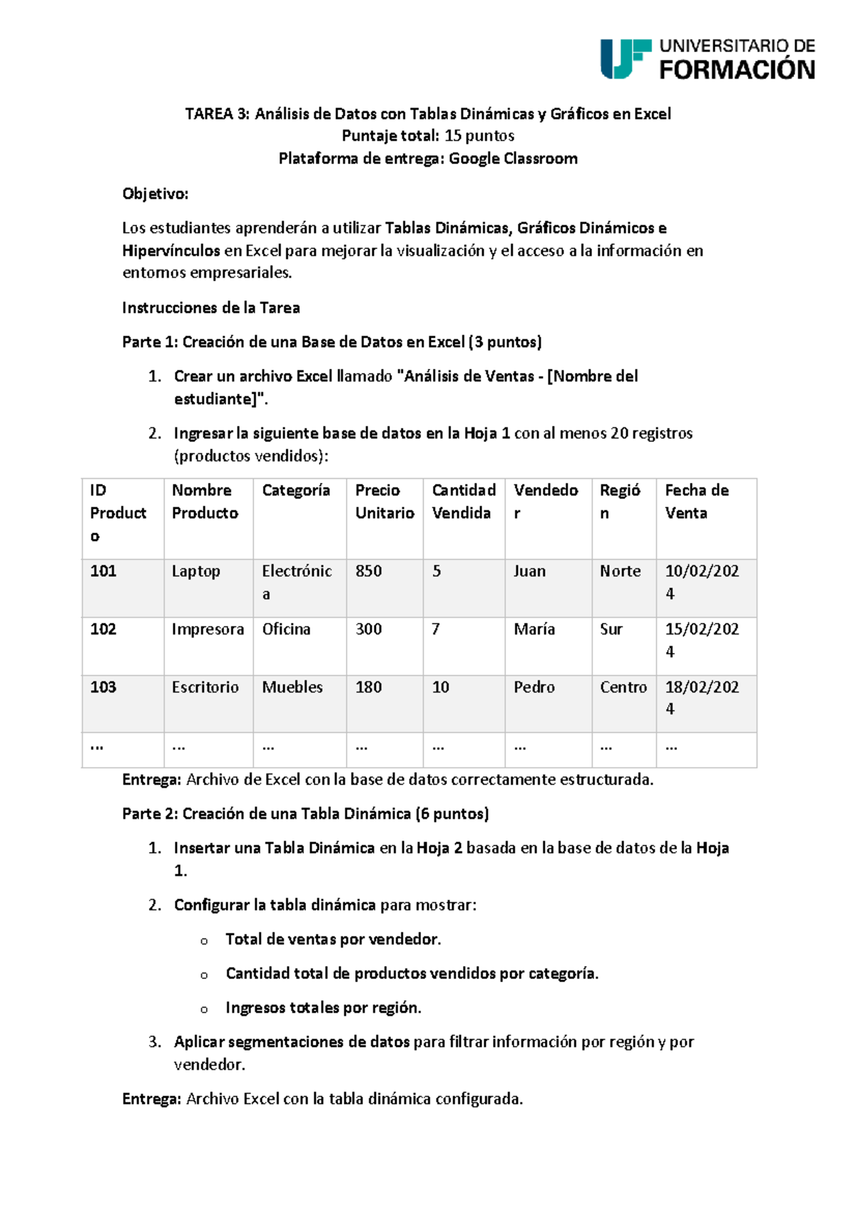 TAREA 3: Análisis de Datos en Excel con Tablas y Gráficos - Studocu