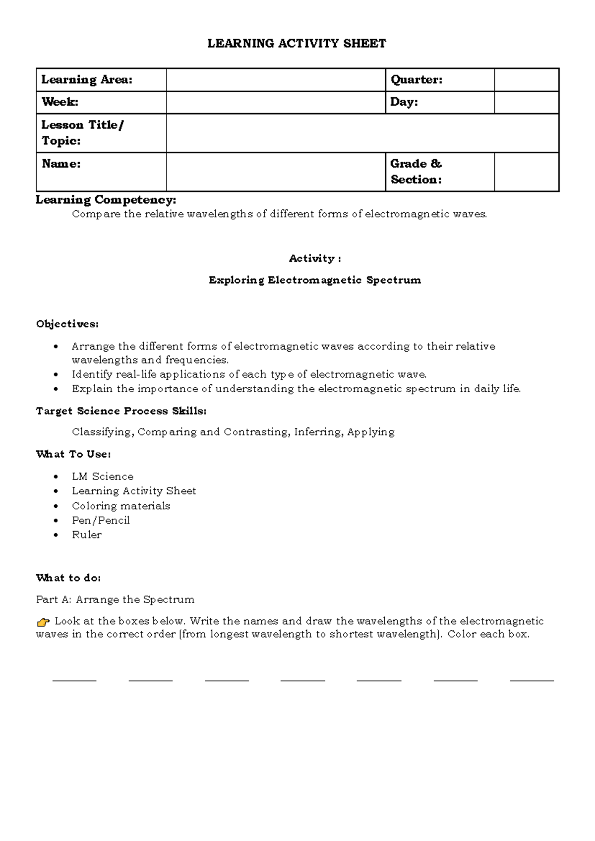 LAS: Exploring the Electromagnetic Spectrum Activity - Studocu