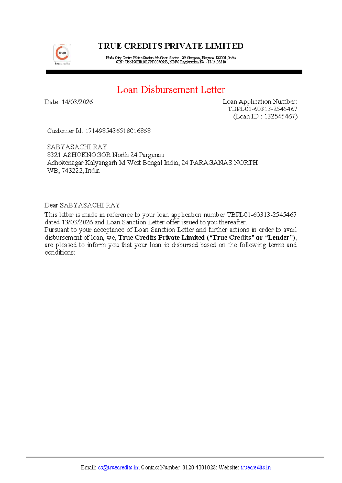 Loan Disbursement Letter - True Credits Pvt Ltd (Loan ID: 132545467 ...