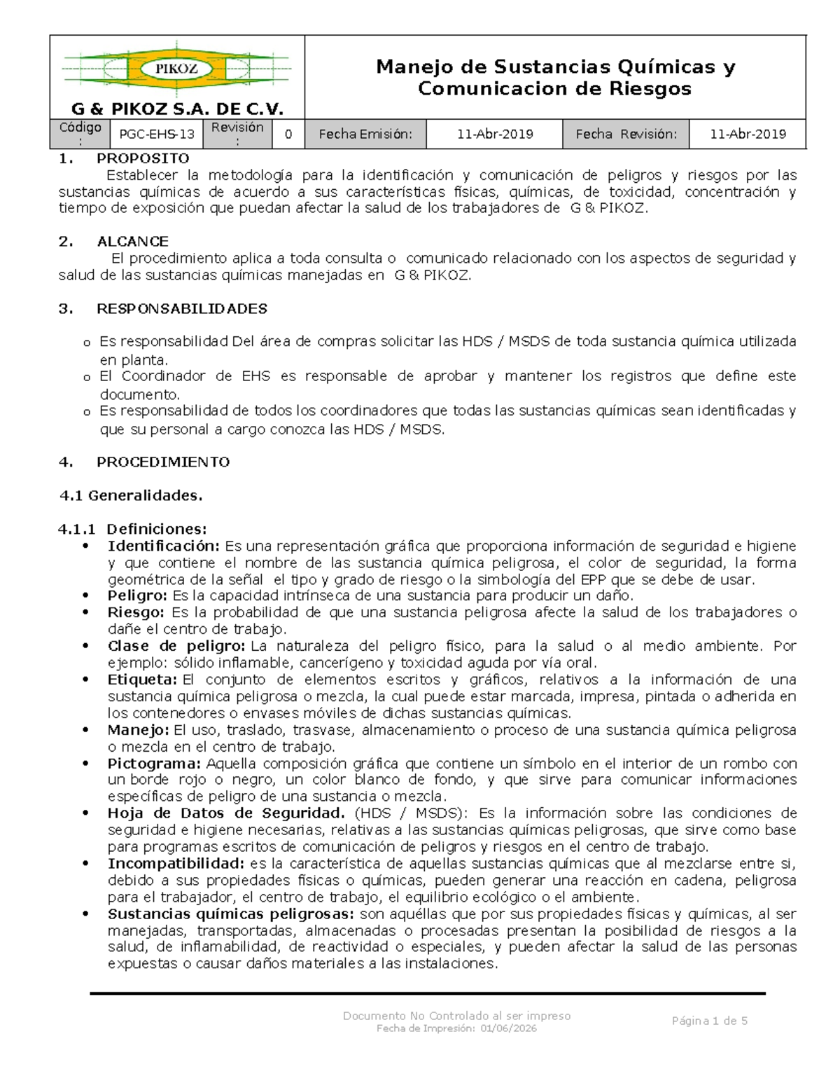 PGC-EHS-13: Manejo de Sustancias Químicas y Comunicación de Riesgos ...