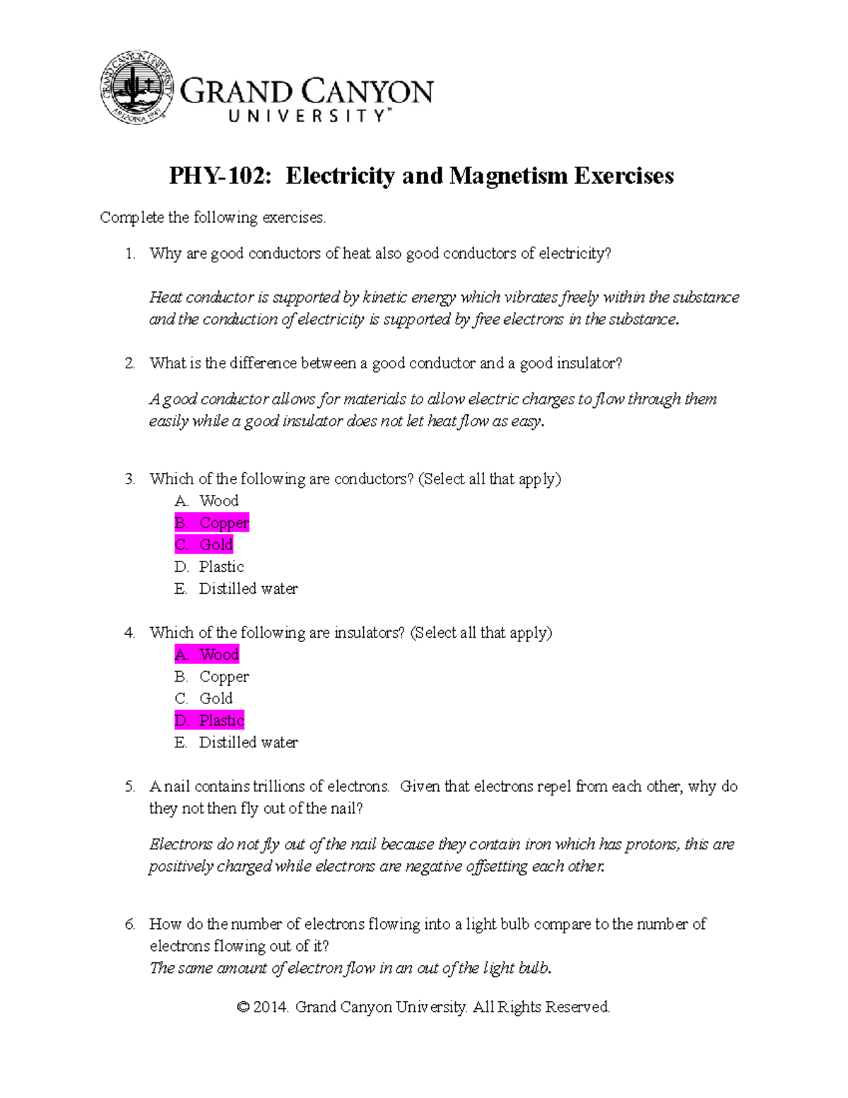 PHY-102 Electricity and Magnetism Exercise Questions and Answers - Studocu