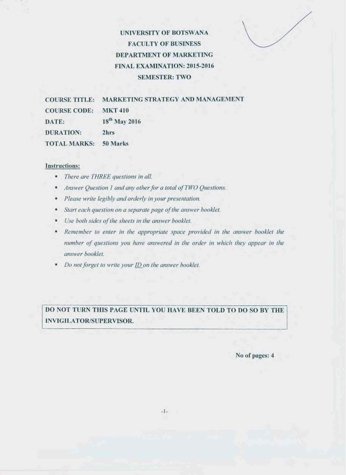 MKT 410 FINAL EXAM 2016 - MARKETING STRATEGY & MANAGEMENT - Studocu