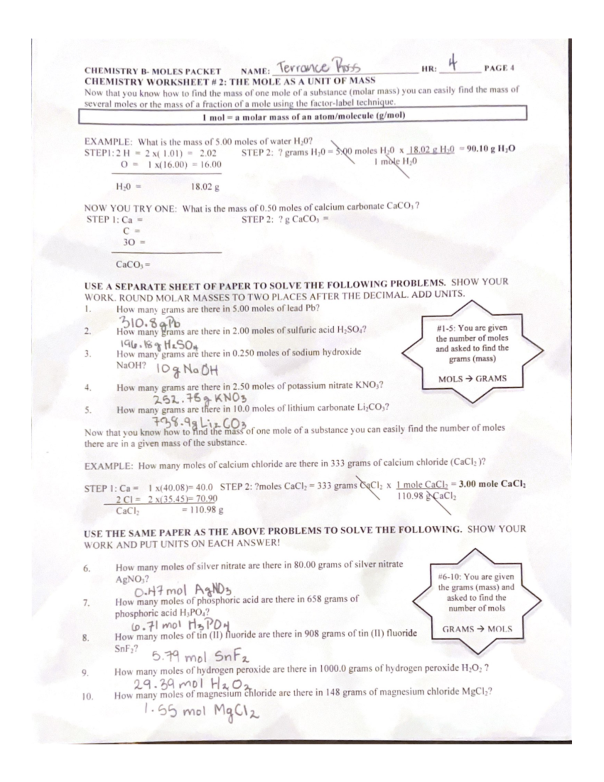 Chemistry B- Moles Packet - CHEMISTRY MOLES PACKET NAME: Terrance Ross ...