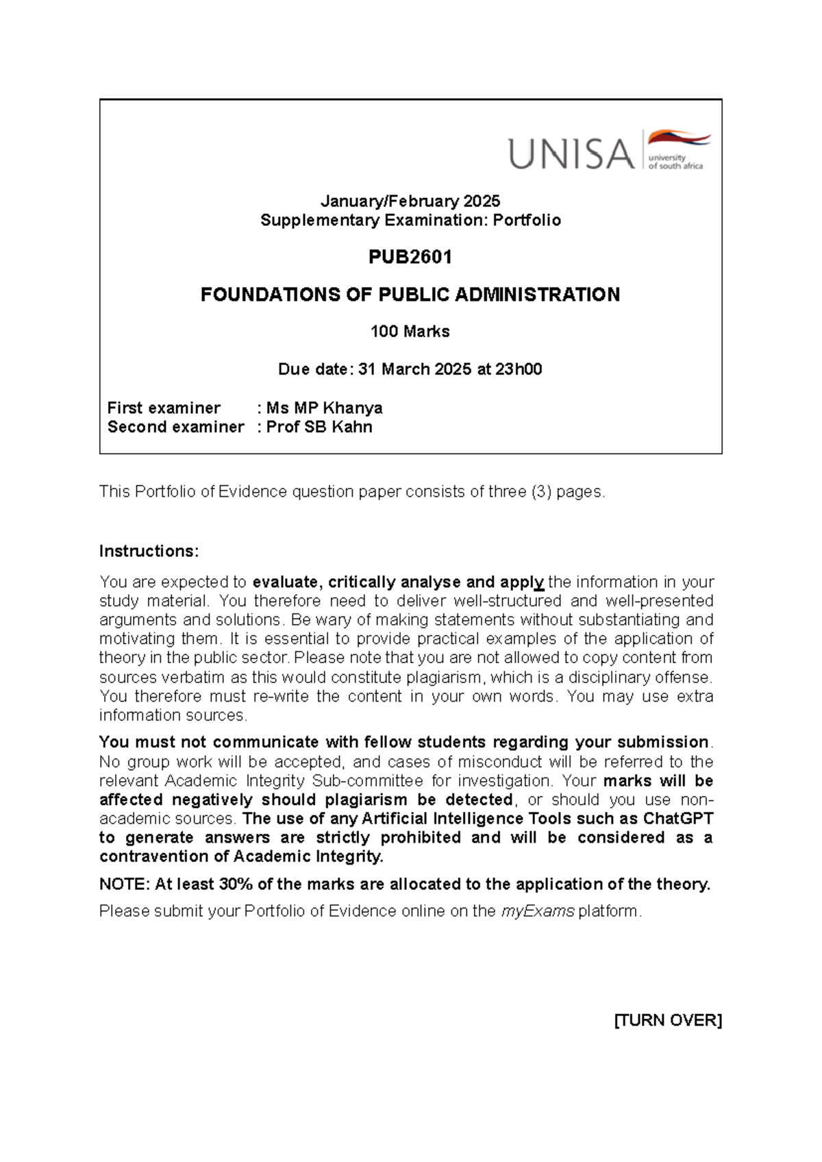 PUB2601 Supplementary Exam Portfolio Guidelines 2025 - Studocu