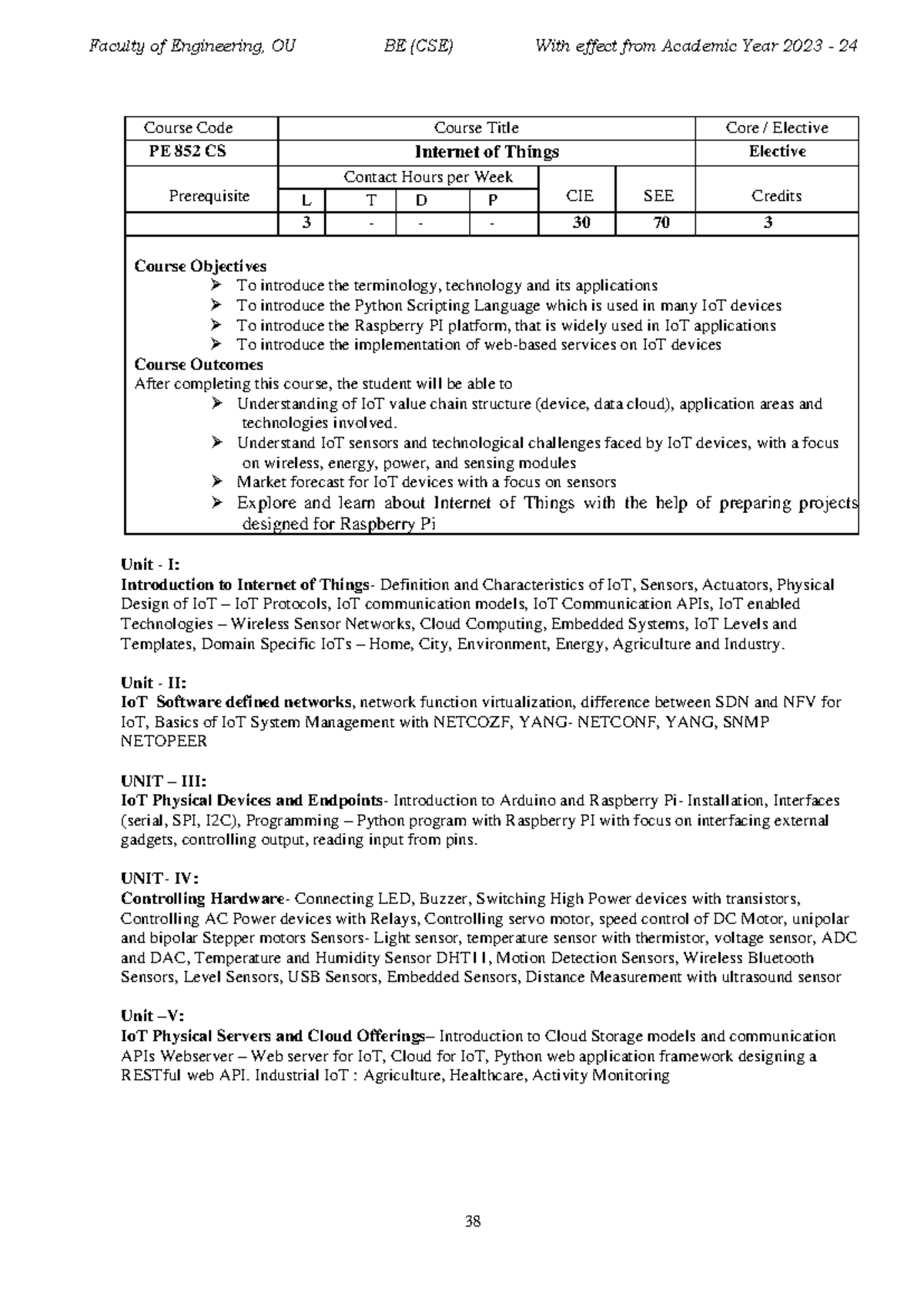 Internet of Things (IoT) Syllabus - PE 852 CS (2023-24) - Studocu