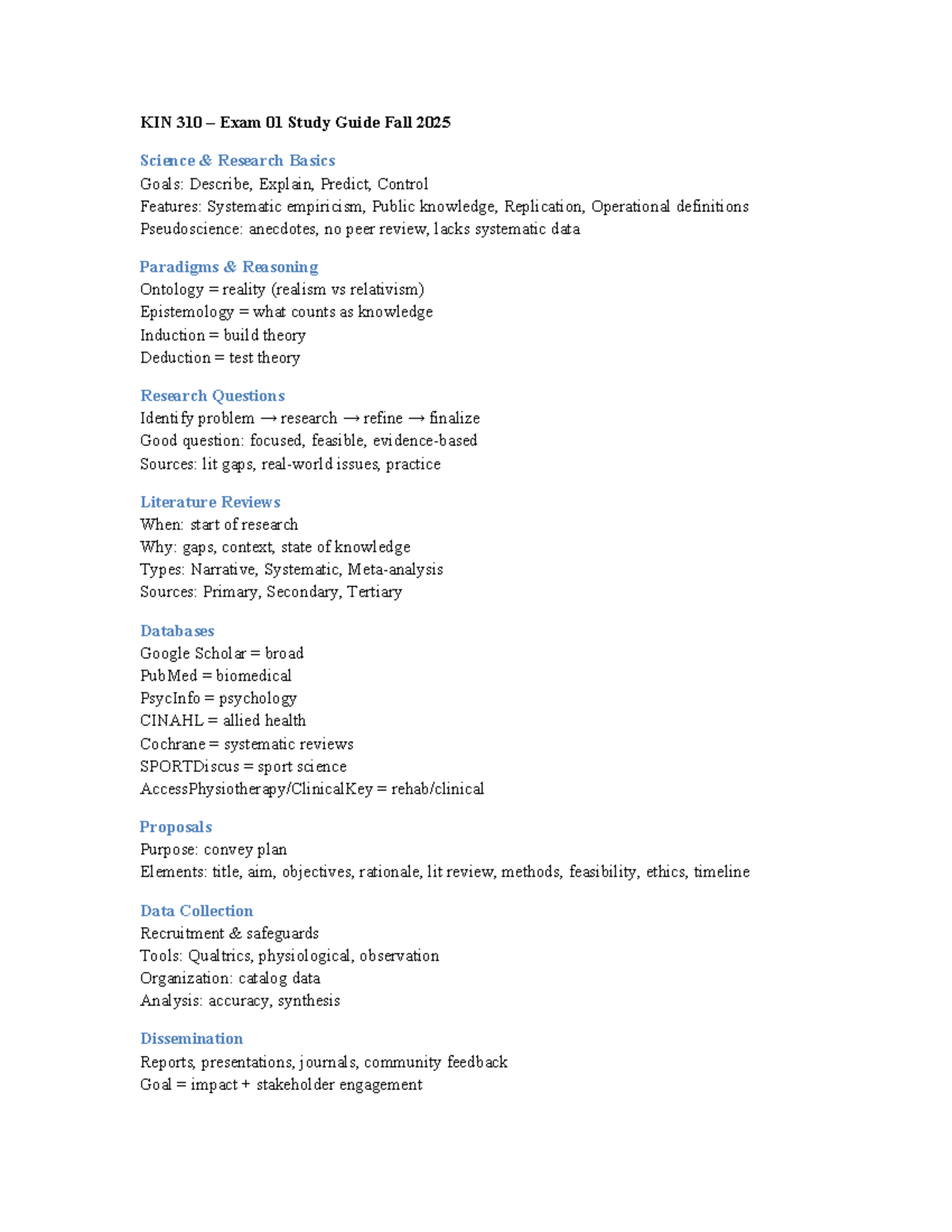 KIN 310 – Exam 01 Study Guide: Research Basics & Methodology - Studocu
