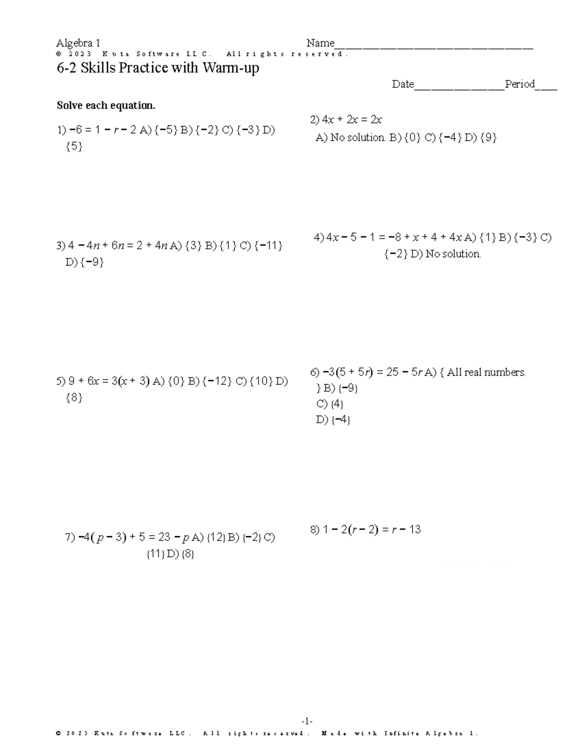 6-2 Skills Practice with Warm-up-2 - Algebra 1 Name ...